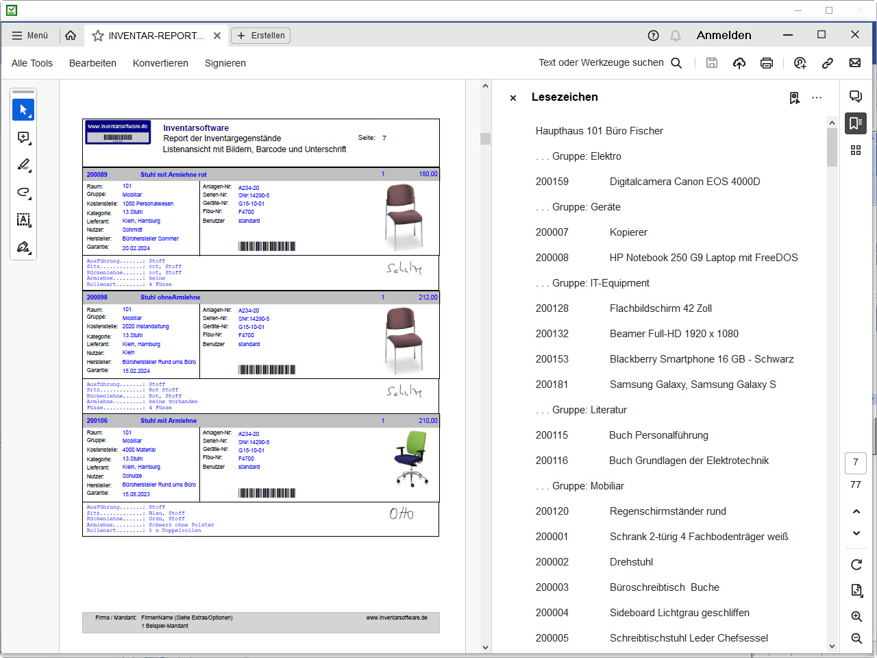 Screenshots Bildschirmansichten zur Inventarsoftware